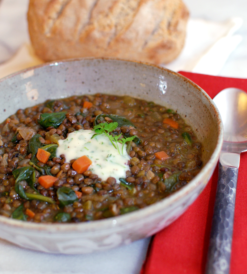 French Green Lentil and Spinach Soup with Cilantro Yogurt
